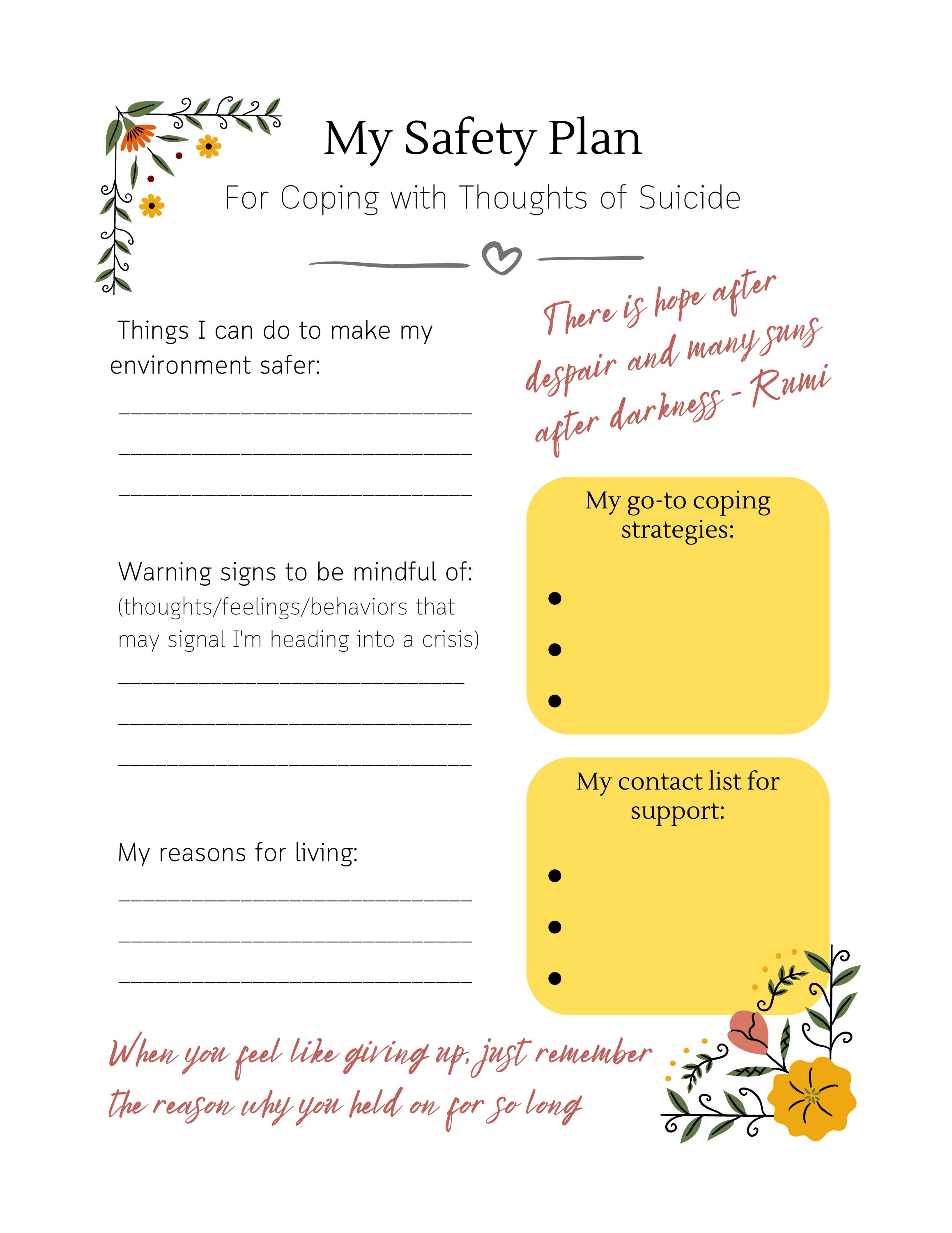Safety Plan - Instant Download - Suicide Safety Plan - Crisis ...