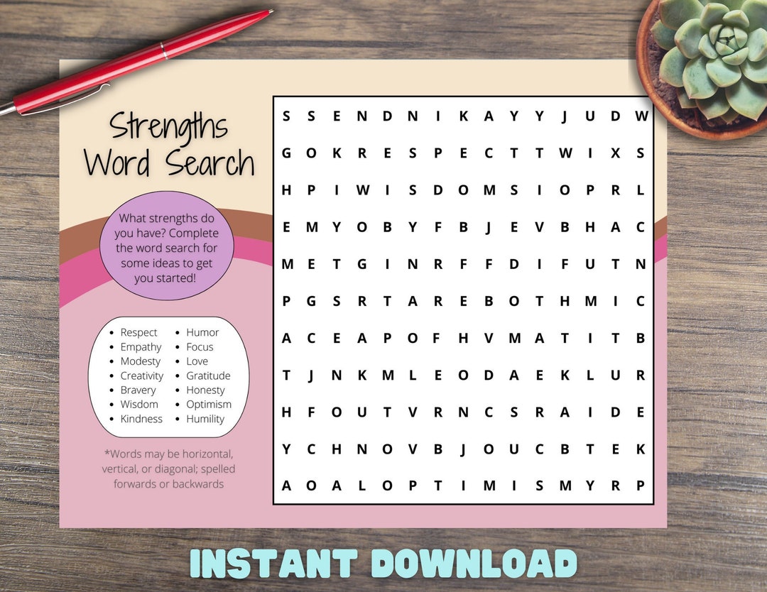 Strengths Word Search, Coping Tools, Therapy Tools, Counselling ...