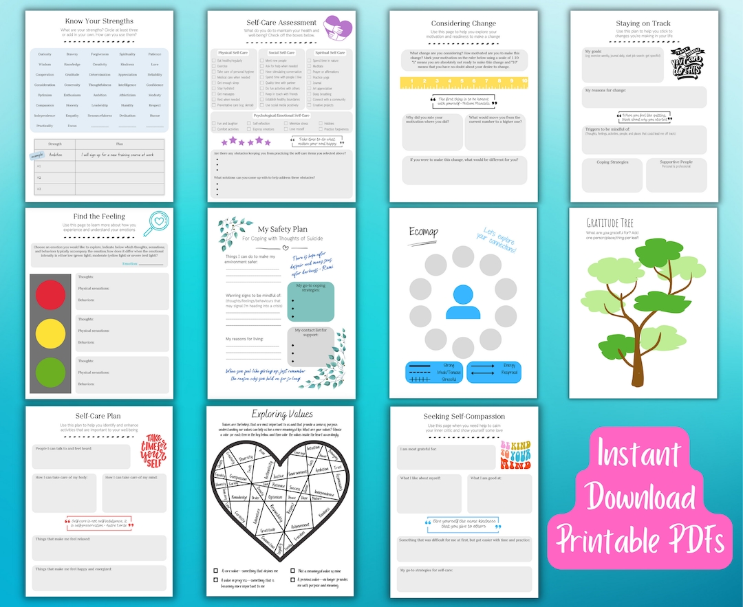 Therapy Worksheet Bundle, Crisis Safety Plan, Self-care, Strengths ...