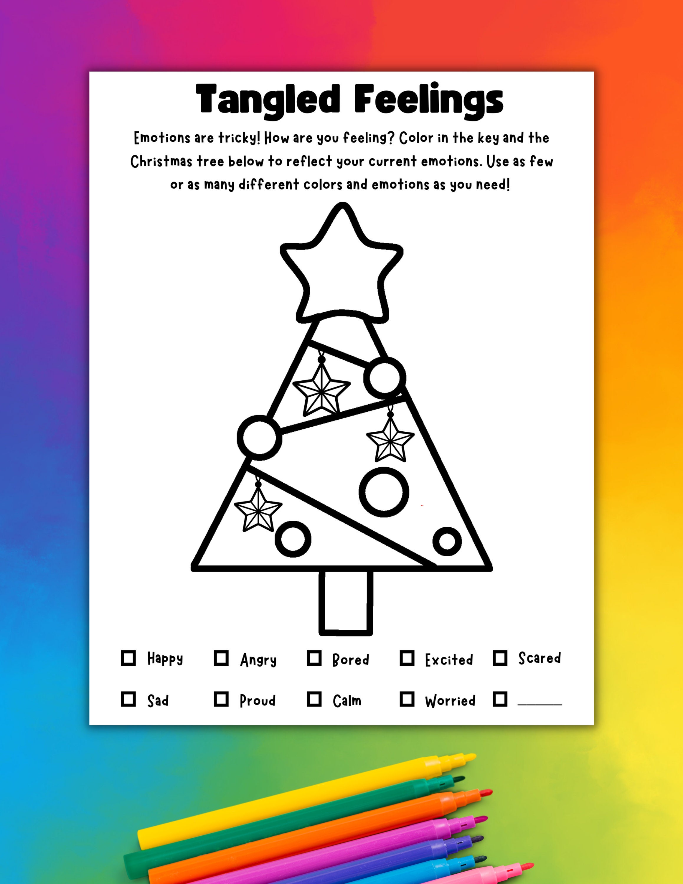 Kids Feelings Coloring Christmas Worksheet, Therapy Tool, Printable ...