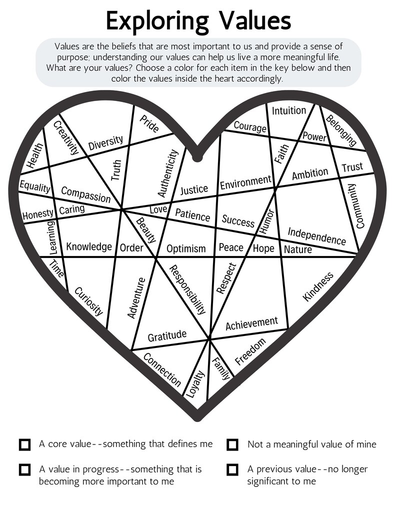 Values Coloring Worksheet, Therapy Tool, Self-help Resource, Printable ...