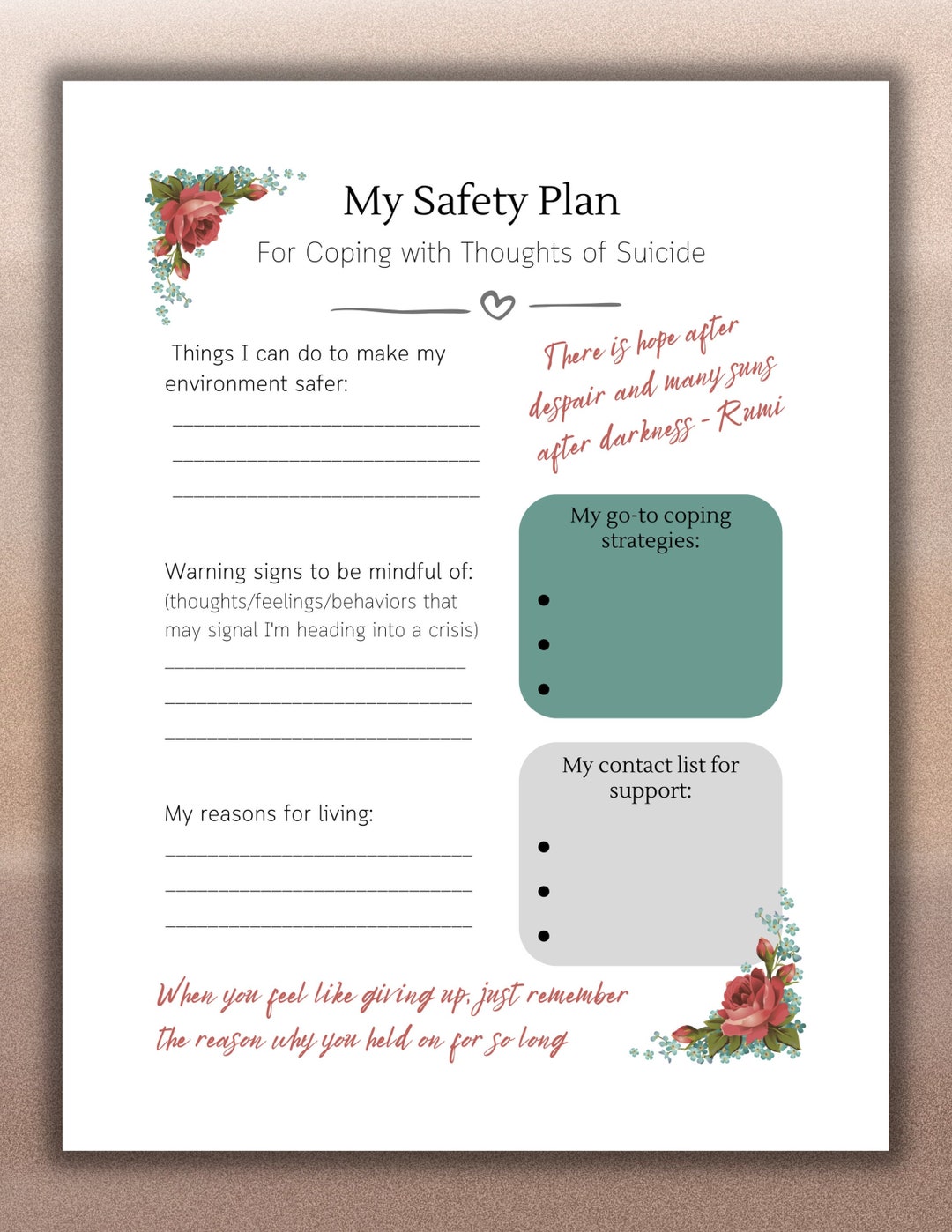 Safety Plan, Crisis Intervention, Therapist Tool Template, Counselling ...