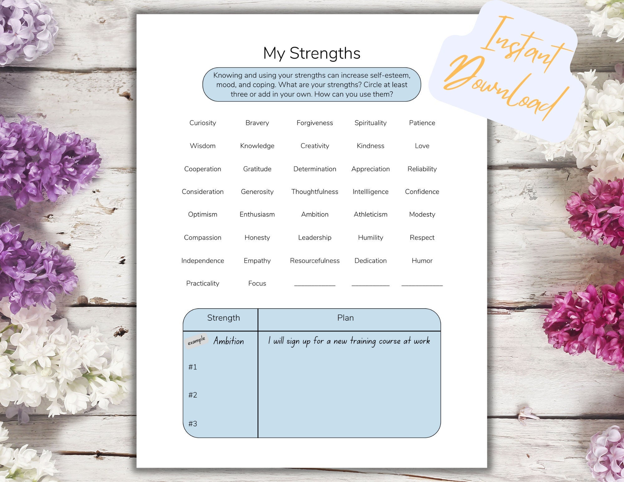 Strengths Worksheet, Therapy Worksheet, Counselling Template, Positive ...
