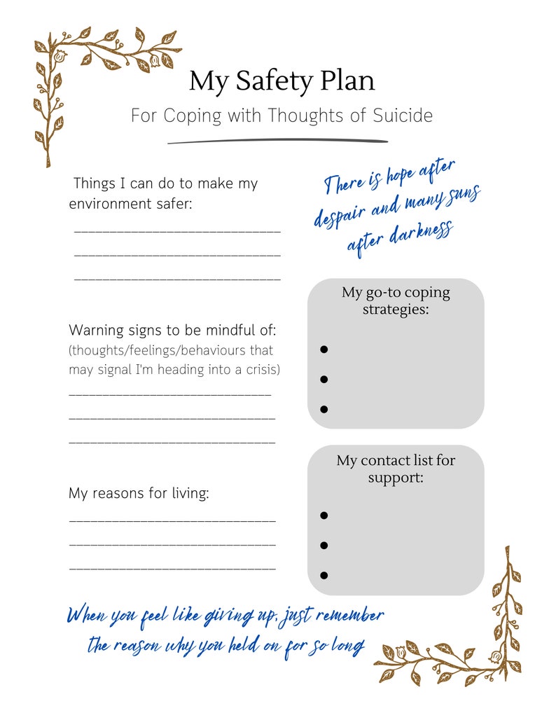 Safety Plan, Crisis Safety Plan, Suicide Prevention, Counselling ...