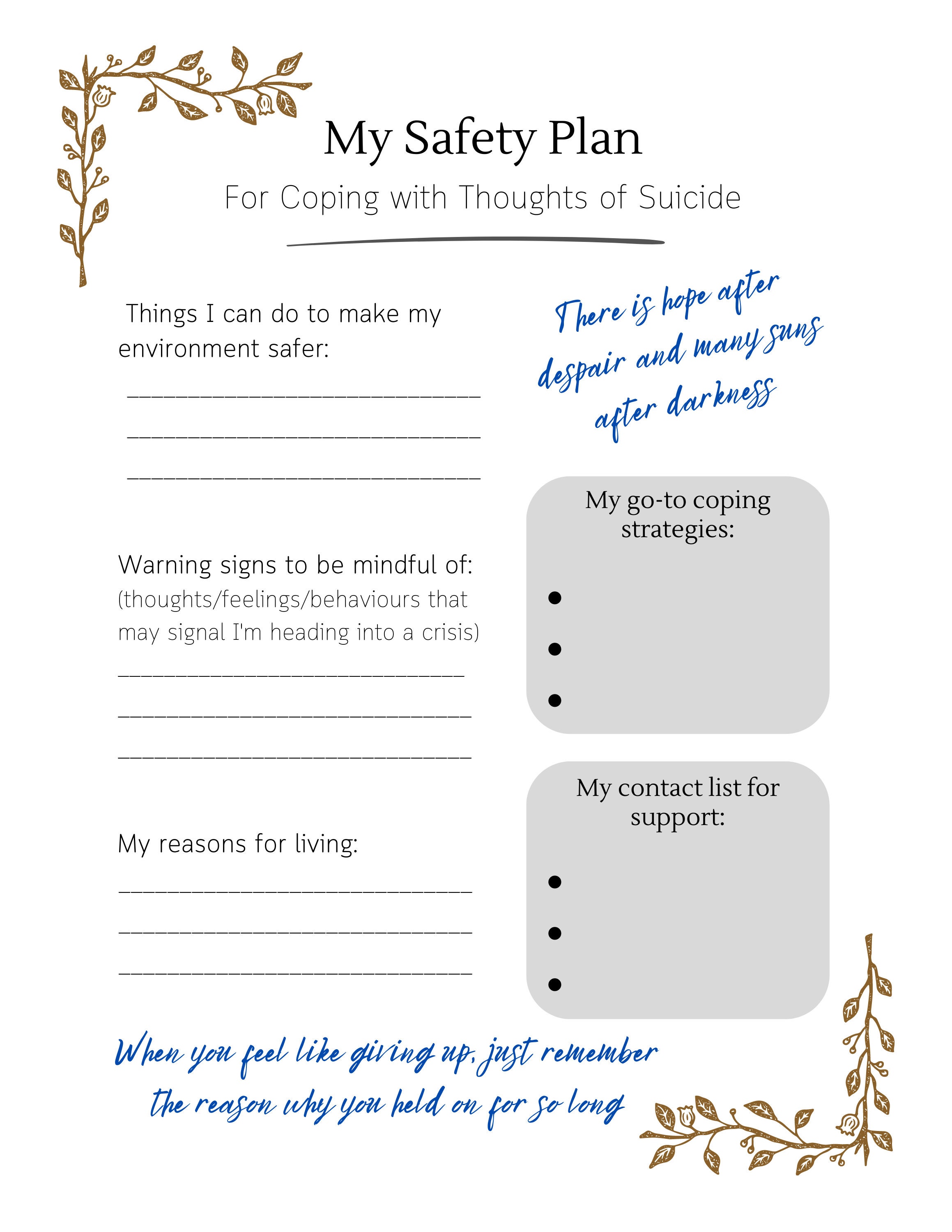 Safety Plan, Crisis Safety Plan, Suicide Prevention, Counselling ...
