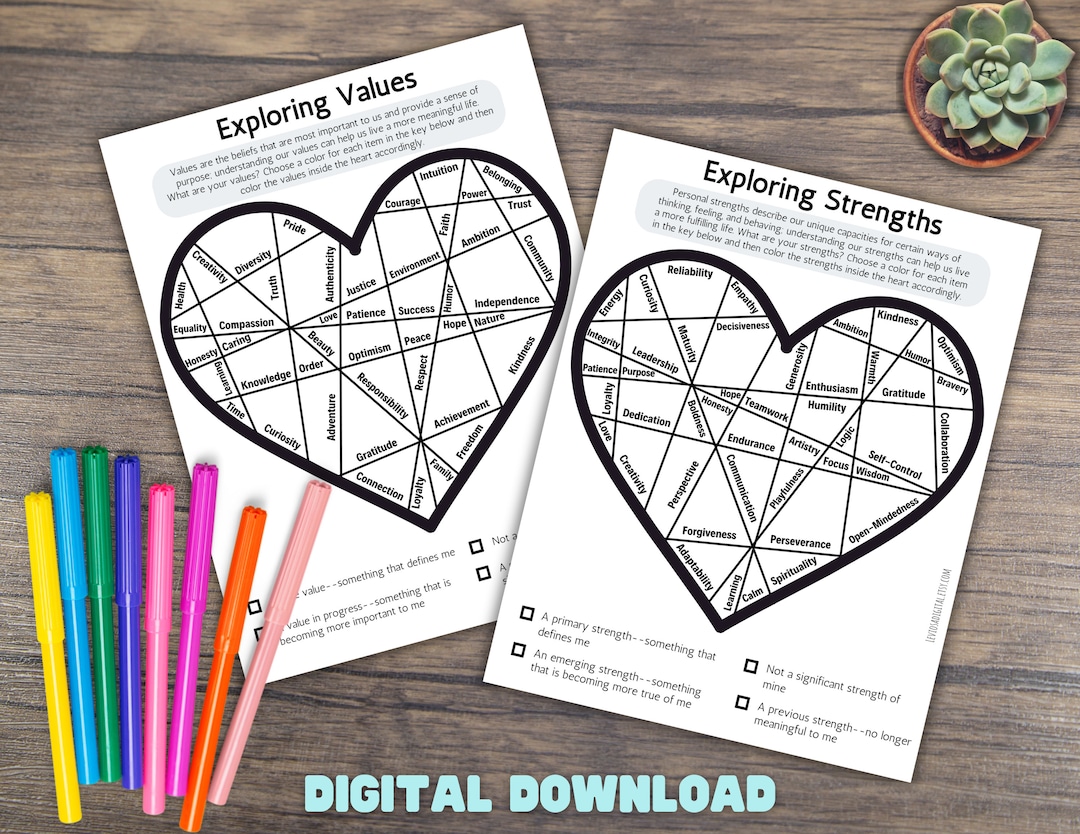 Values and Strengths Coloring Worksheets, Therapy Tool, Therapy ...