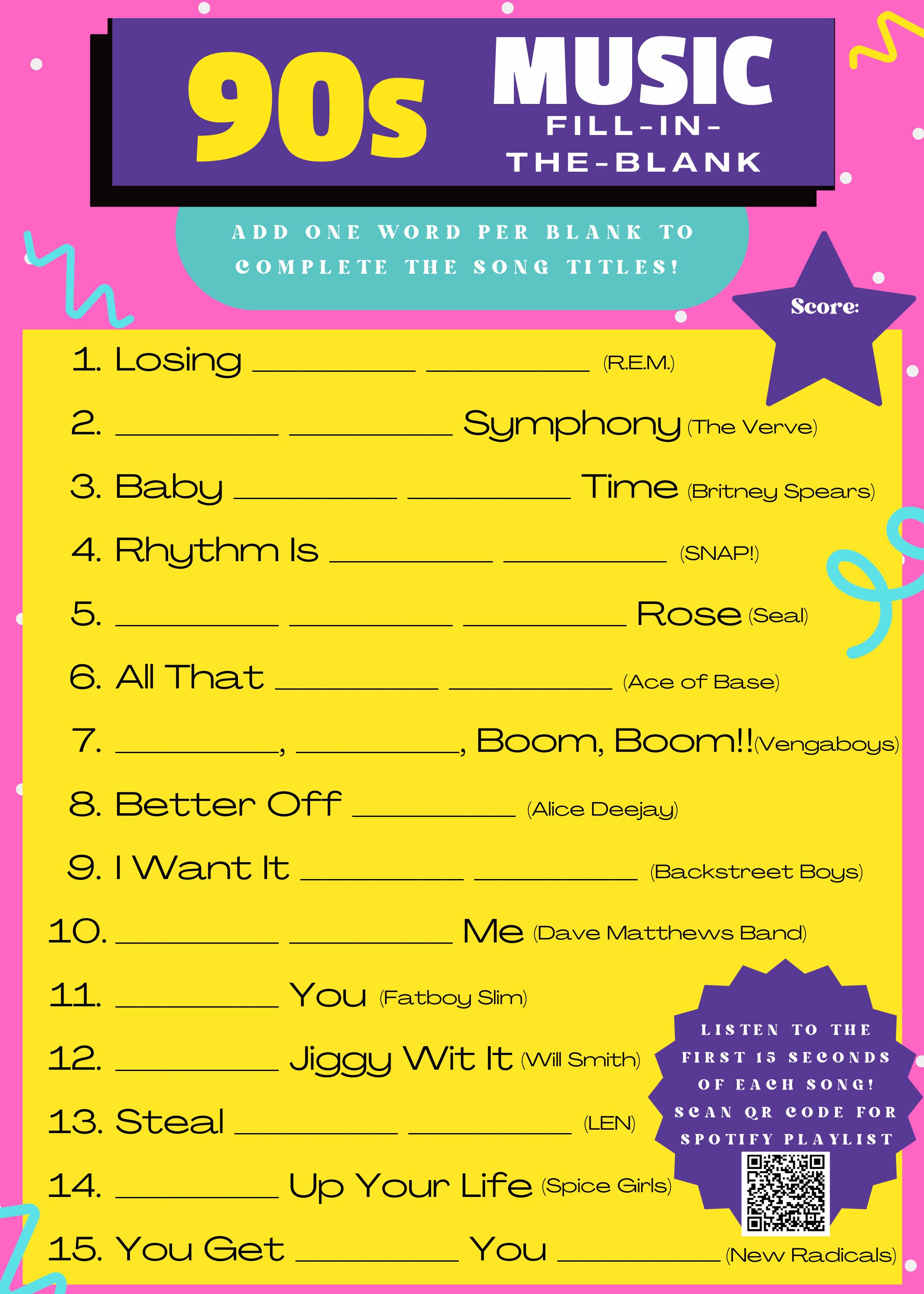 90s Music Trivia Game! Fun Baby Shower, Party Game, Birthday Party Game ...