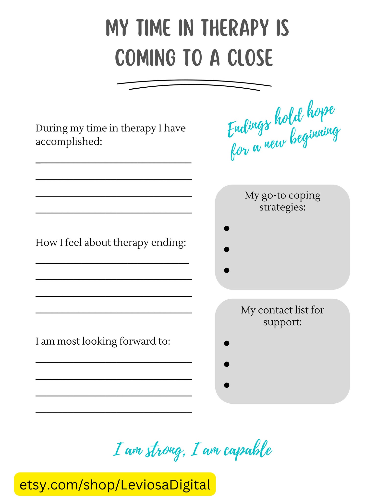 Therapy Termination Worksheet, Instant Download, Counselling Template ...