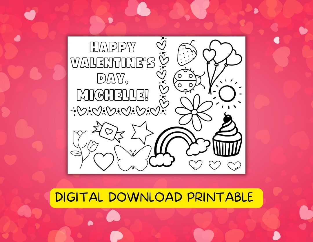Personalized Valentine's Day Coloring Page, Valentine Coloring Placemat ...