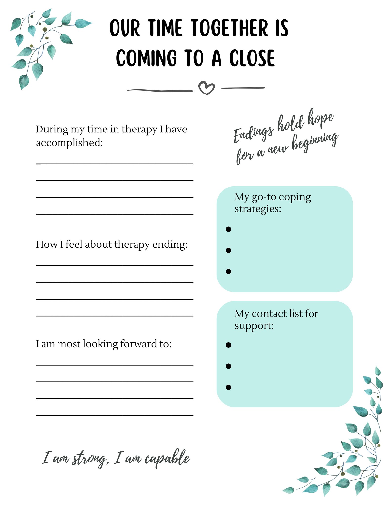 Therapy Termination Worksheet, Instant Download, Counselling Template ...