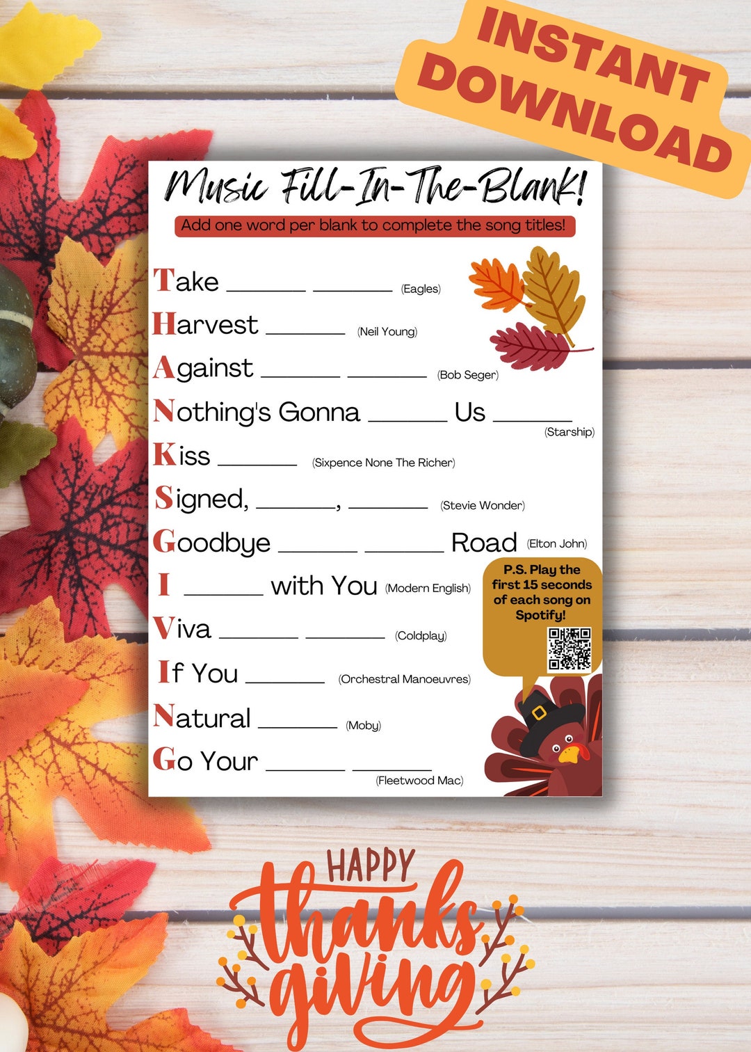 Thanksgiving Game, Music Trivia Game - Fun Party Game - Pairs With ...