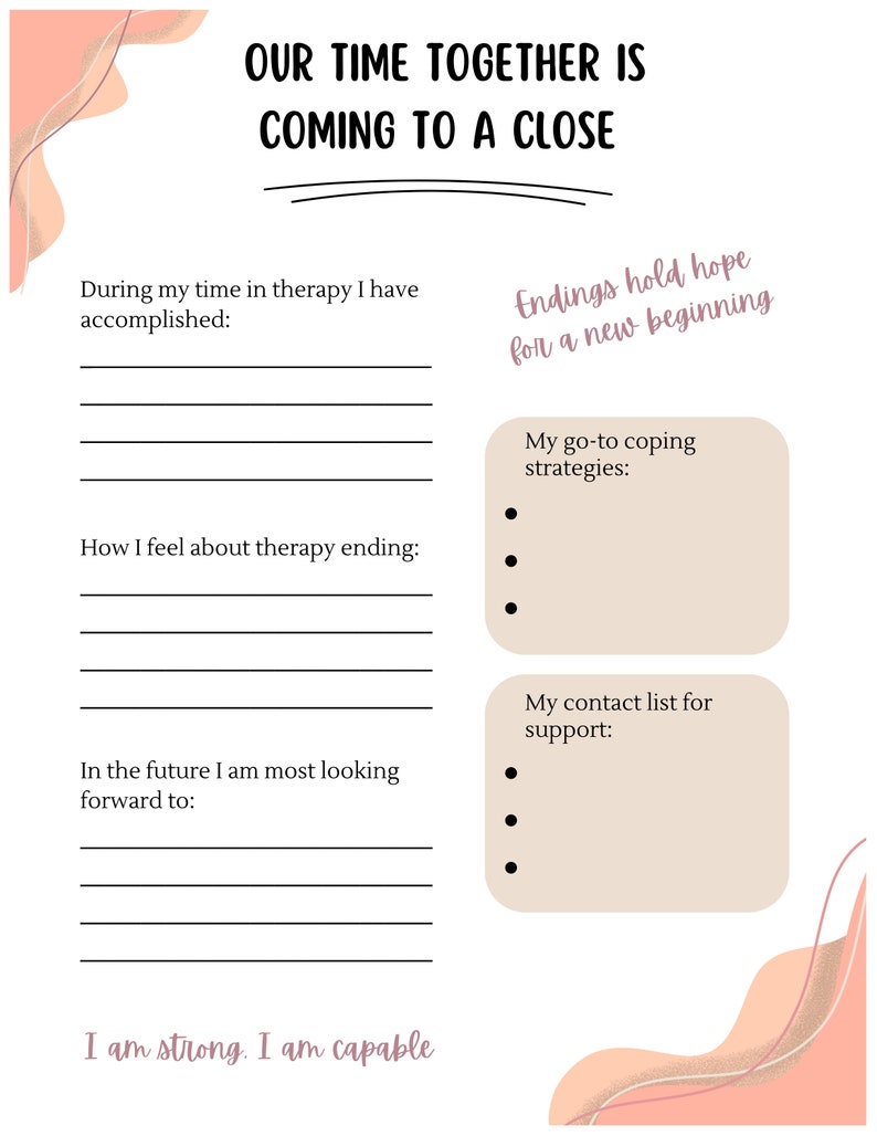 Therapy Termination Worksheet, Instant Download, Counselling Template ...