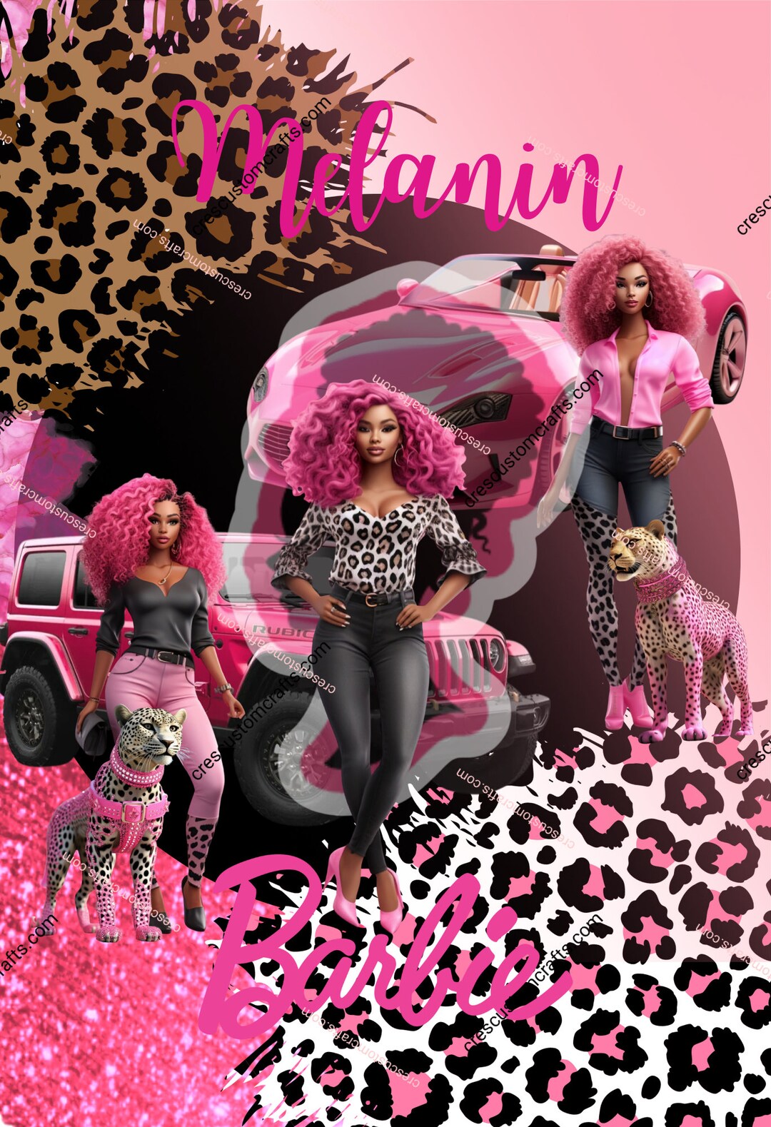 Digital PNG Cheetah Melanin Barbie Inspired, Jeep and Sports Car Image ...