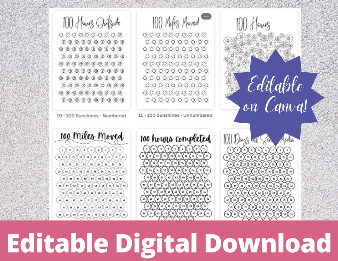 Editable Habit Tracker Set/ 100 Hours Outside/ 100 Miles Moved/ 100 ...