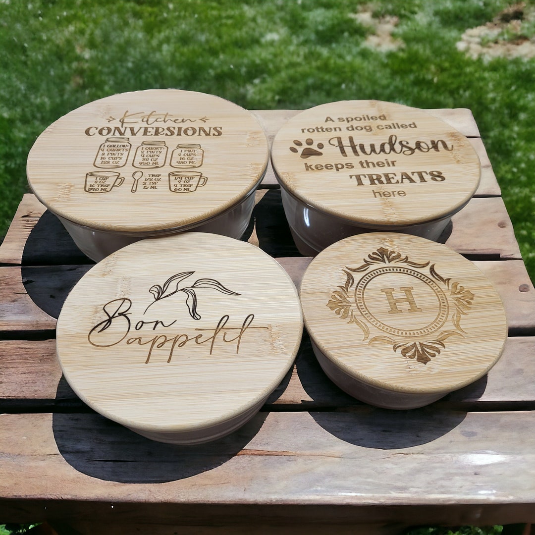 Personalized Round Glass Storage Container Set With Bamboo Lid, Laser ...