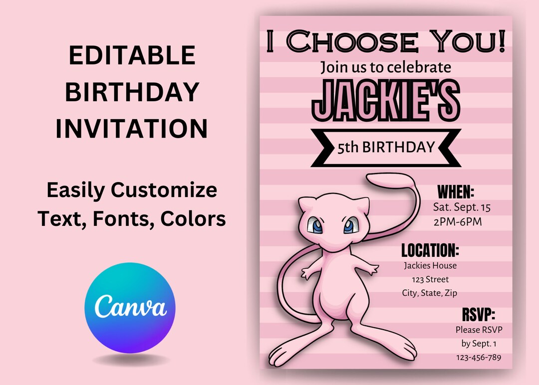 EDITABLE, Pink Pokemon Mew Party Invite, Birthday Invitation, Pokemon ...