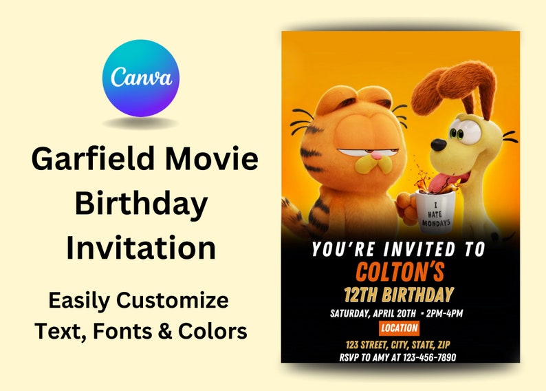EDITABLE, Garfield Movie Kids Birthday Party Invite, Birthday ...
