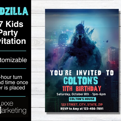 Godzilla Invite Godzilla Birthday Invitation Printable - Etsy