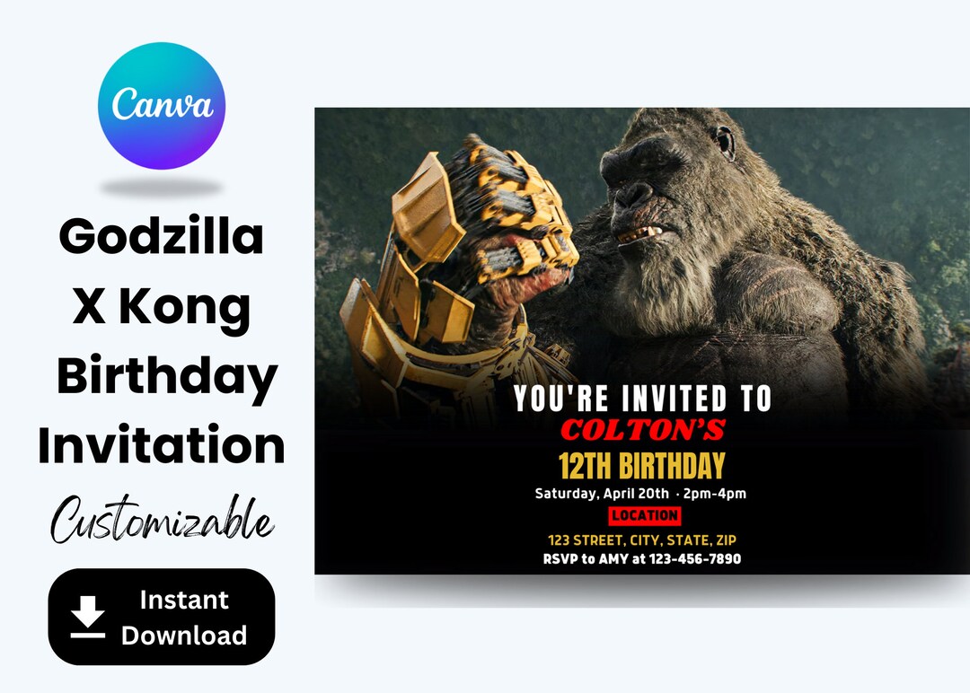 Godzilla X Kong Birthday Party Invite, Godzilla X Kong Invitation ...