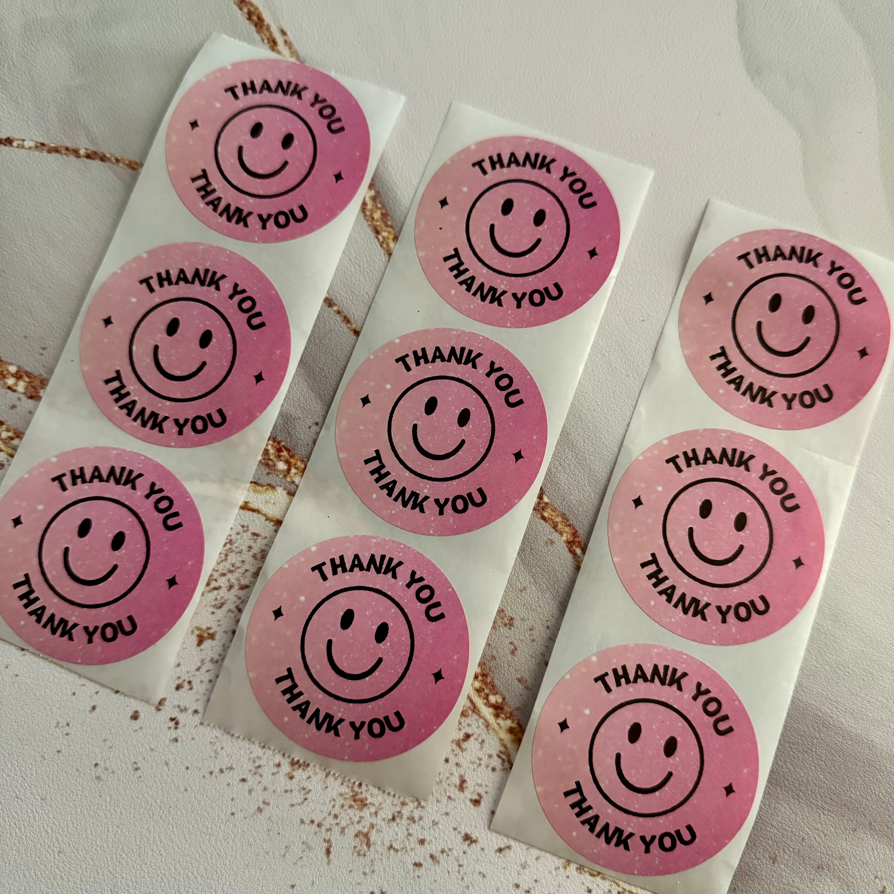 2-inch Pink Glitter Thank You Stickers With a Retro Smiley Face Spread ...