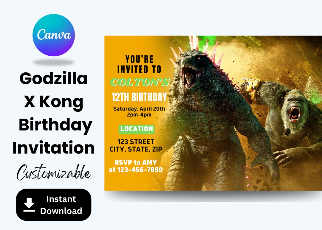 Godzilla X Kong 3 Birthday Party Invite, Godzilla X Kong 3 Invitation ...