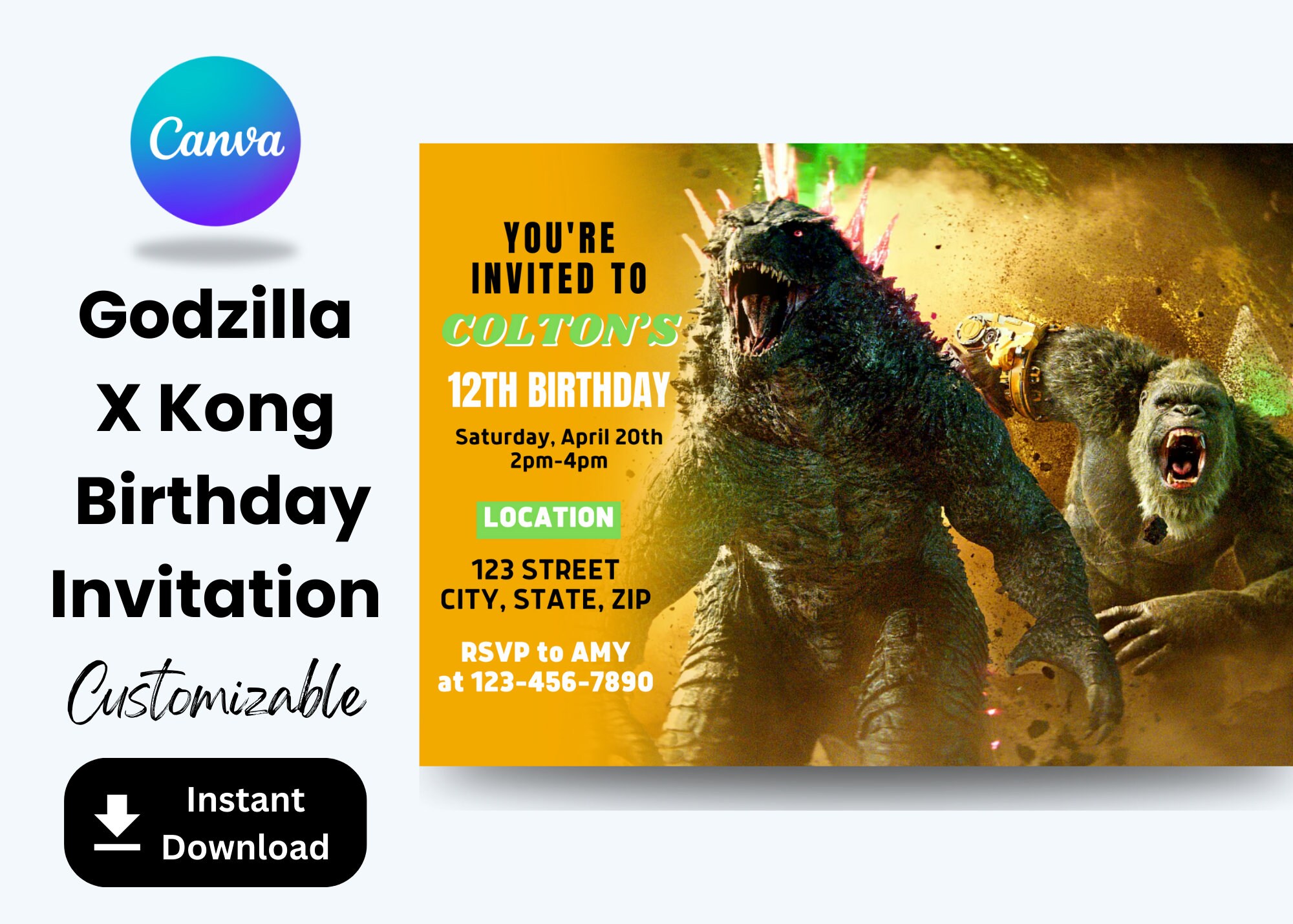 Godzilla X Kong 3 Birthday Party Invite, Godzilla X Kong 3 Invitation ...