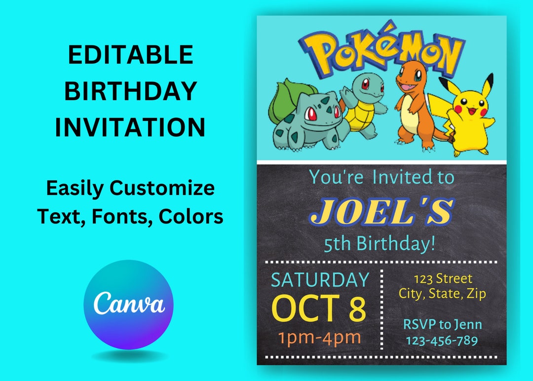 EDITABLE, Pokemon Birthday Invitation, Pokemon Digital Birthday ...