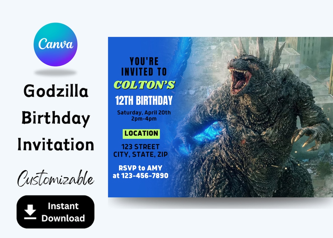 EDITABLE Godzilla Birthday Party Invite, Godzilla Invitation, Birthday ...