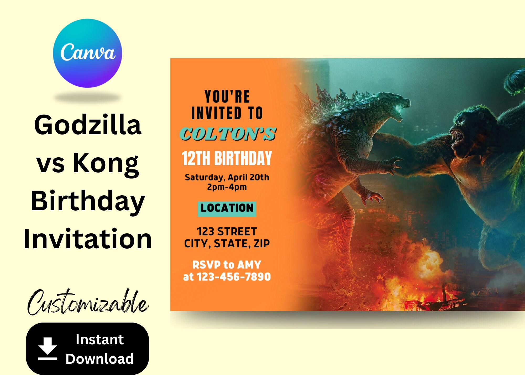EDITABLE, Godzilla Vs Kong Kids Birthday Party Invite, Godzilla Vs Kong ...