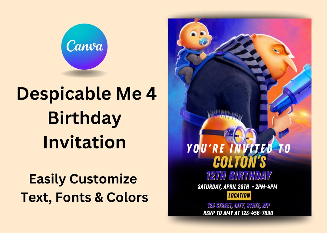 EDITABLE, Despicable Me 4 Kids Birthday Party Invite, Birthday ...
