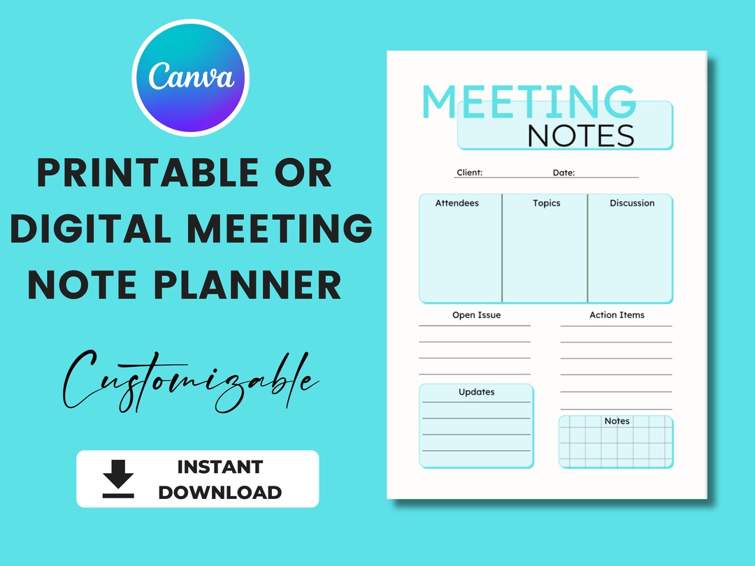 Meeting Notes Planner Print or Digital Perfect for Keeping - Etsy