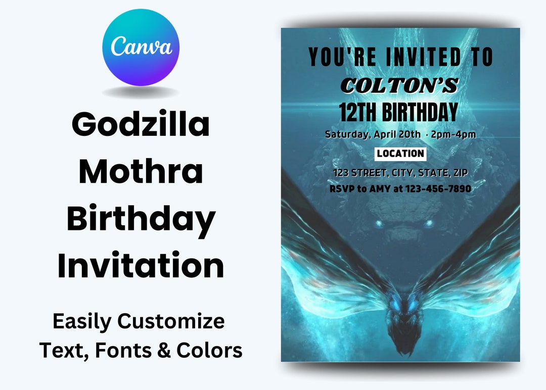 EDITABLE Godzilla Mothra Birthday Party Invite, Godzilla Mothra ...