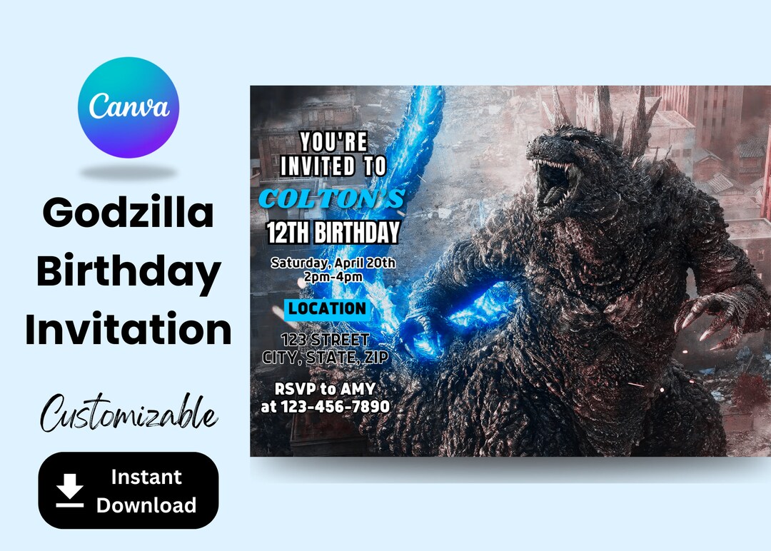 EDITABLE, Godzilla Blue Kids Birthday Party Invite, Godzilla Blue ...