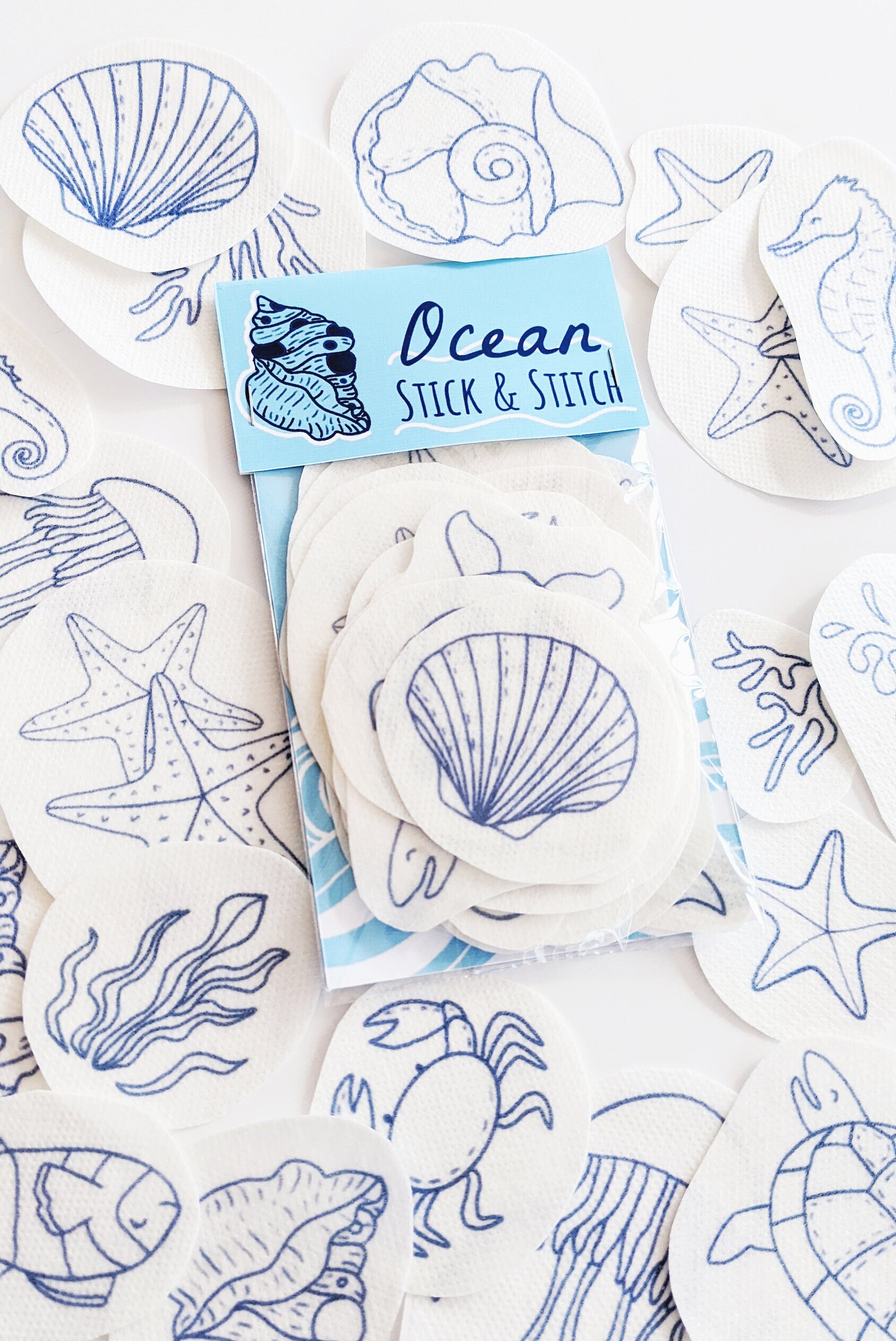 Ocean Stick & Stitch Pack, Cute, Fish, Shell, Blue, Embroidery Kit, DIY ...