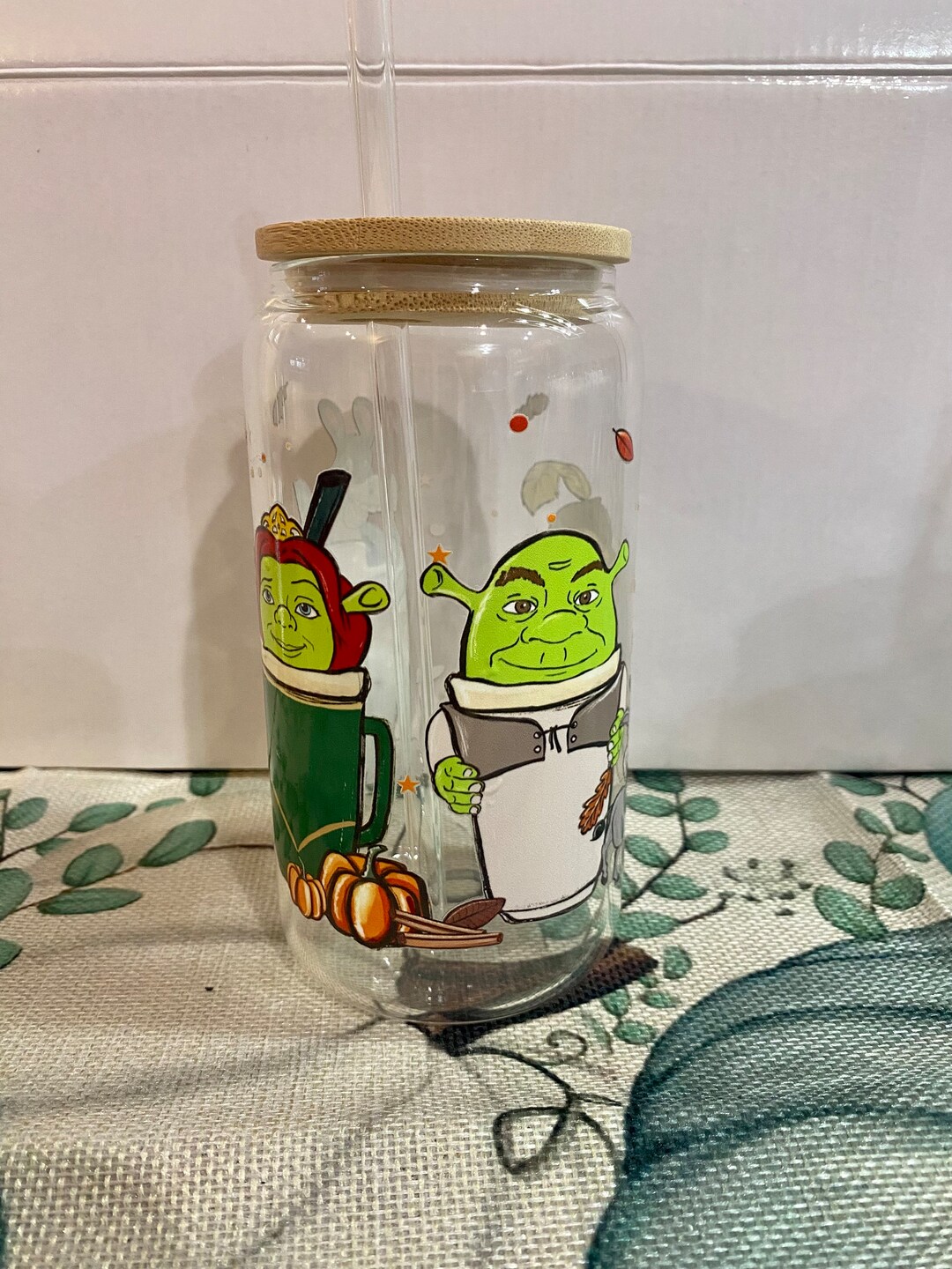 Bamboo Lid Glass Shrek Design Cup , Iced Coffee Viral Cup, Tiktok - Etsy
