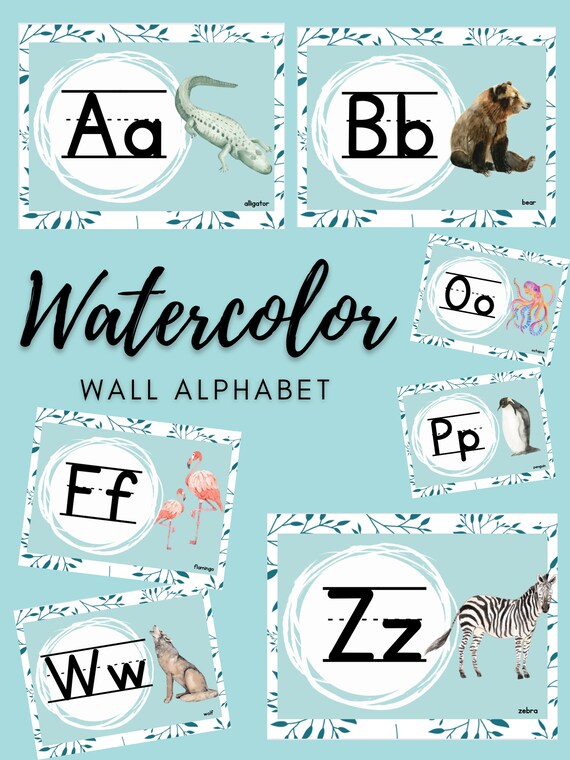 Watercolor Wall Alphabet Teal Blue Plant Animal Alphabet Abcs - Etsy