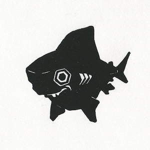 Happy Shark Linocut Print - Sea Creature Linoprint - 5x7 Ocean Wall Art ...