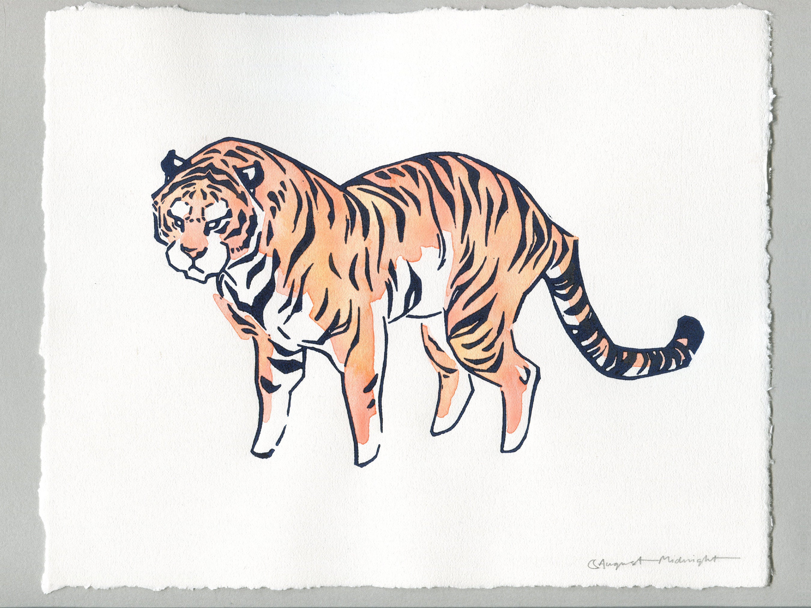 Watercolor Tiger Linocut - Printmaking 8x10 Animal Art - Deckle Edge ...