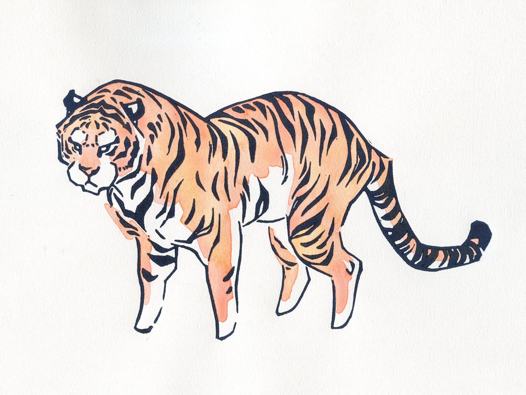 Watercolor Tiger Linocut Printmaking 8x10 Animal Art - Etsy