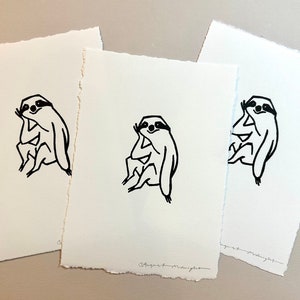 Sloth Linocut - Printmaking - 5x7 Cute Animal Art - Deckle Edge Small ...