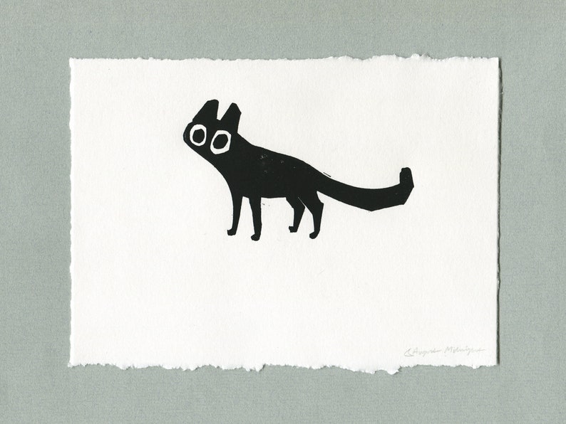 Little Black Cat Linocut - Printmaking - 7x5 Animal Art - Deckle Edge ...