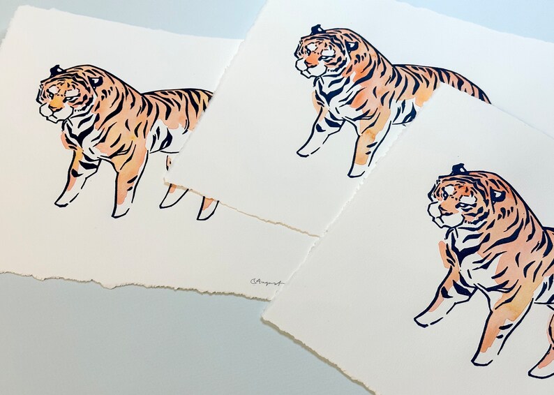 Watercolor Tiger Linocut - Printmaking 8x10 Animal Art - Deckle Edge ...