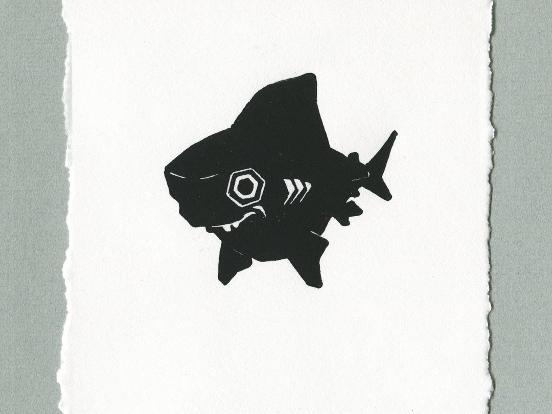Happy Shark Linocut Print - Sea Creature Linoprint - 5x7 Ocean Wall Art ...