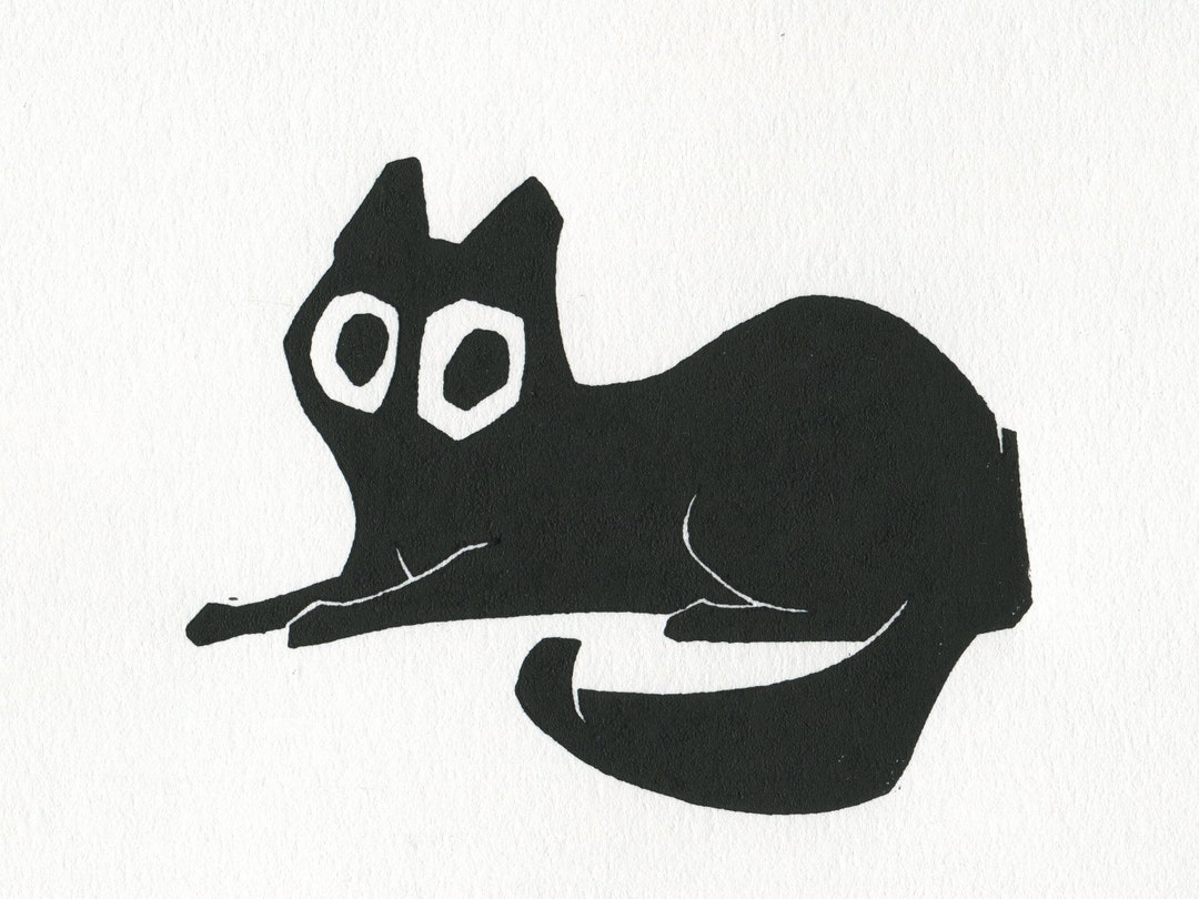 Little Black Cat Lino - Printmaking 7x5 Animal Art - Deckle Edge Small ...