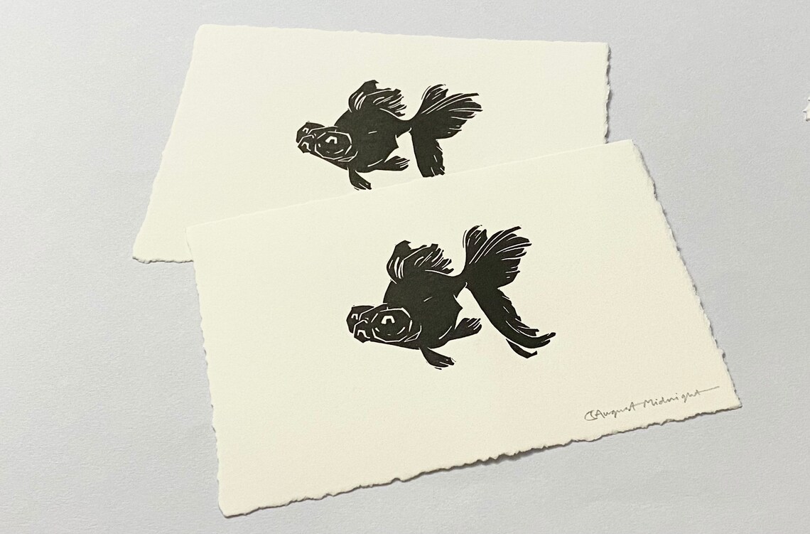 Fancy Goldfish Linocut Print - Handmade Printmaking - 5x7 Cute Fish ...
