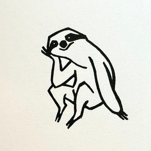 Sloth Linocut - Printmaking - 5x7 Cute Animal Art - Deckle Edge Small ...