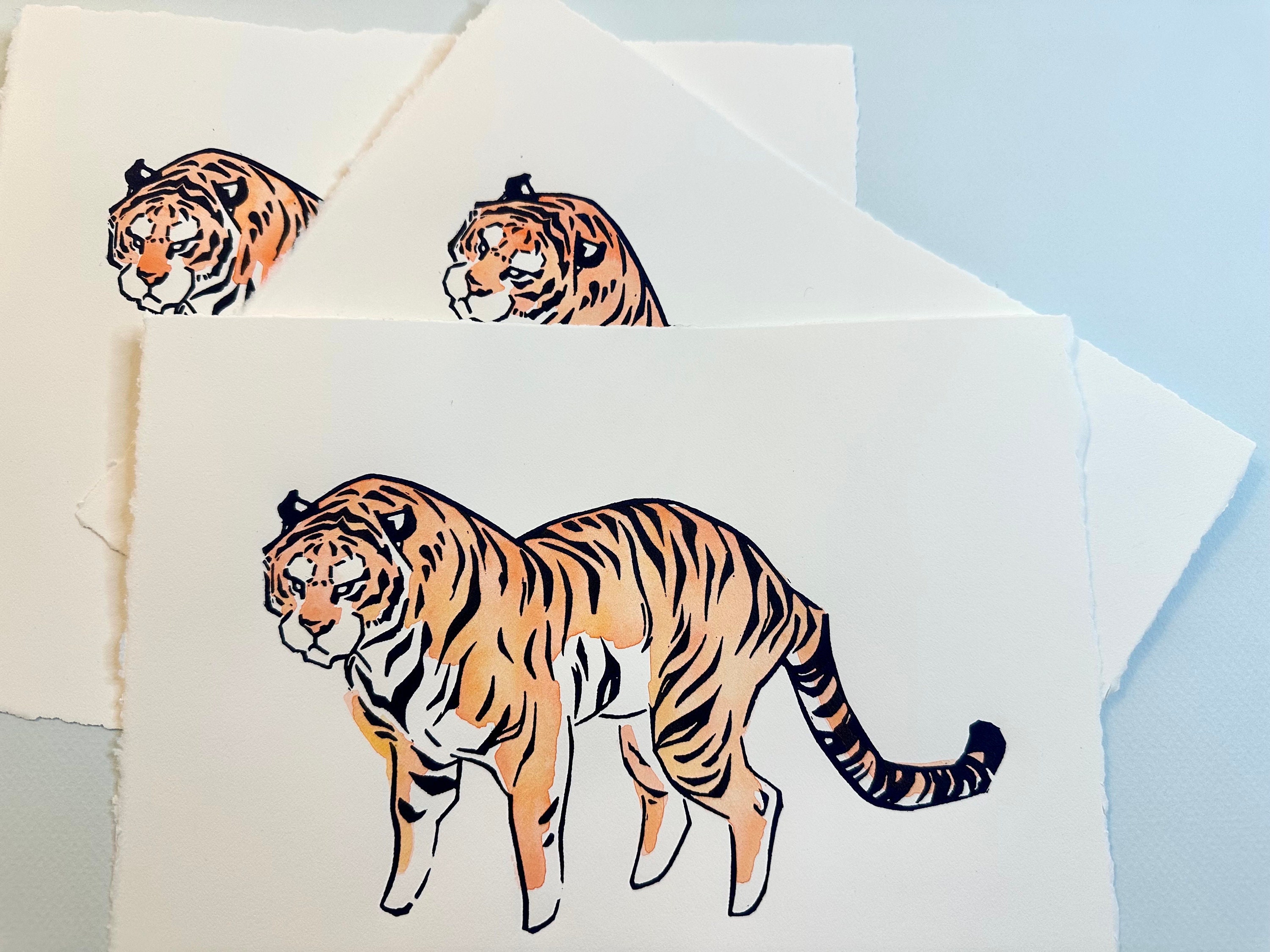 Watercolor Tiger Linocut - Printmaking 8x10 Animal Art - Deckle Edge ...