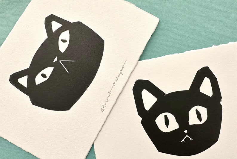 Cat Linocut Portraits Printmaking 5x7 Pet Art Deckle Edge Cat Print Cat ...