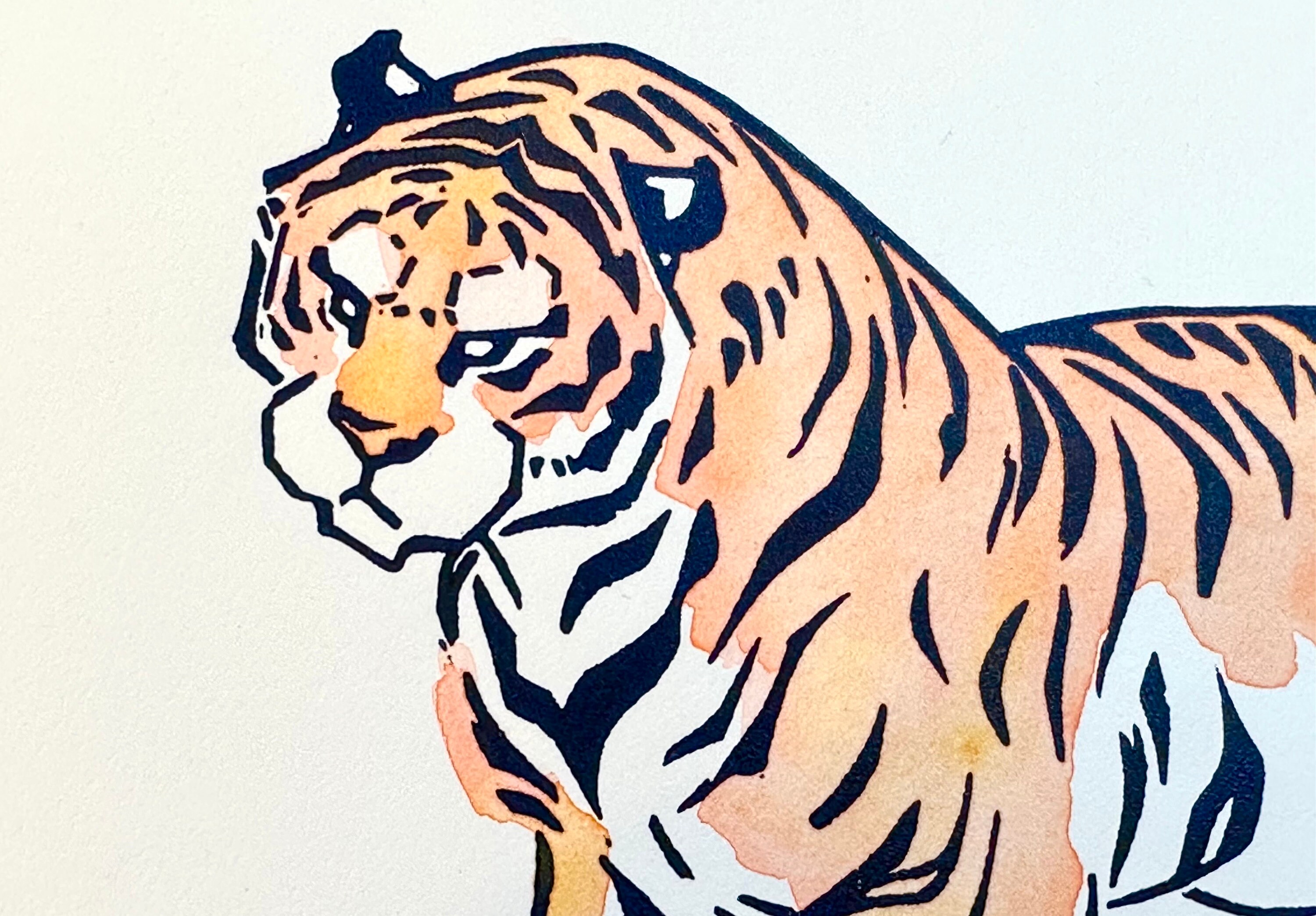 Watercolor Tiger Linocut - Printmaking 8x10 Animal Art - Deckle Edge ...