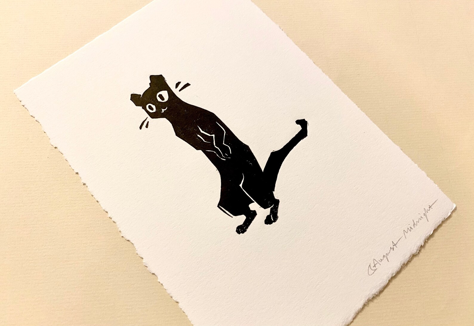 Little Black Cat III Linocut - Printmaking - 5x7 Cute Pet Art - Deckle ...